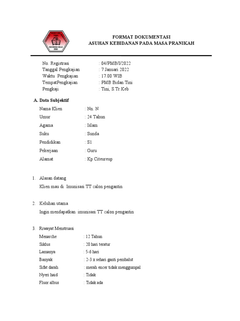 Asuhan Kebidanan Pranikah Catin Nn. N | PDF