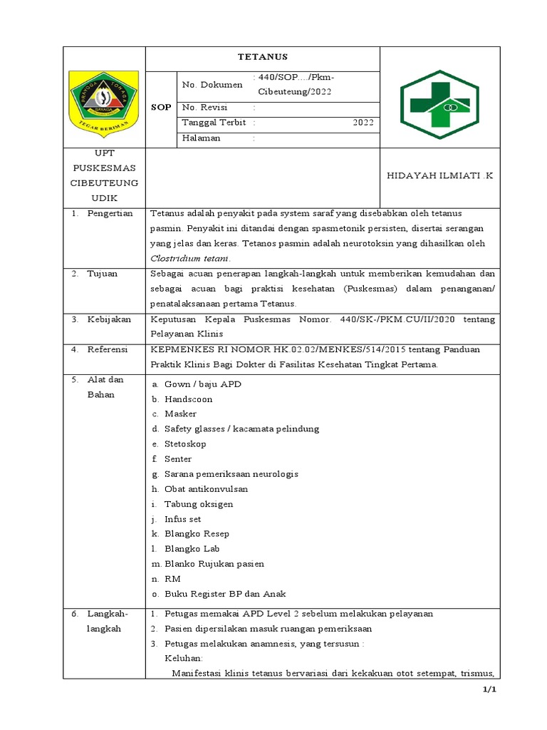 SOP Penanganan Tetanus di Puskesmas | PDF