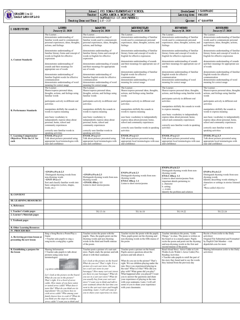 DLL English q4 Week 1 | PDF | Vocabulary | Communication