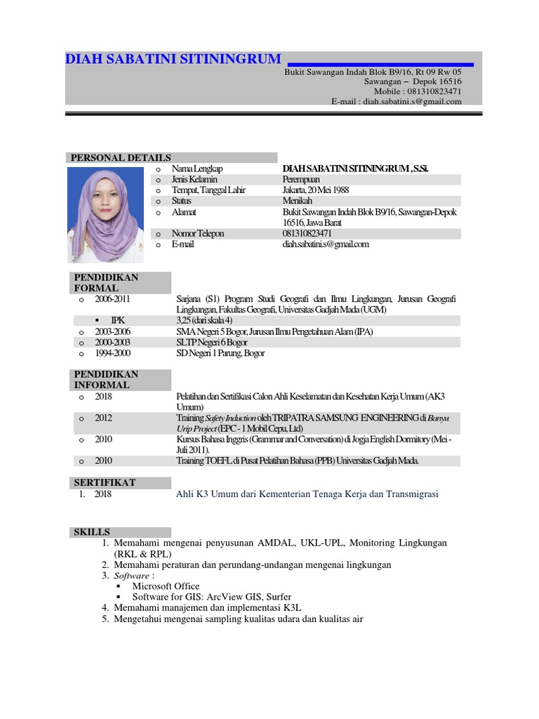 Profil Diah Sabatini: Ahli Hidrologi dan K3L | PDF