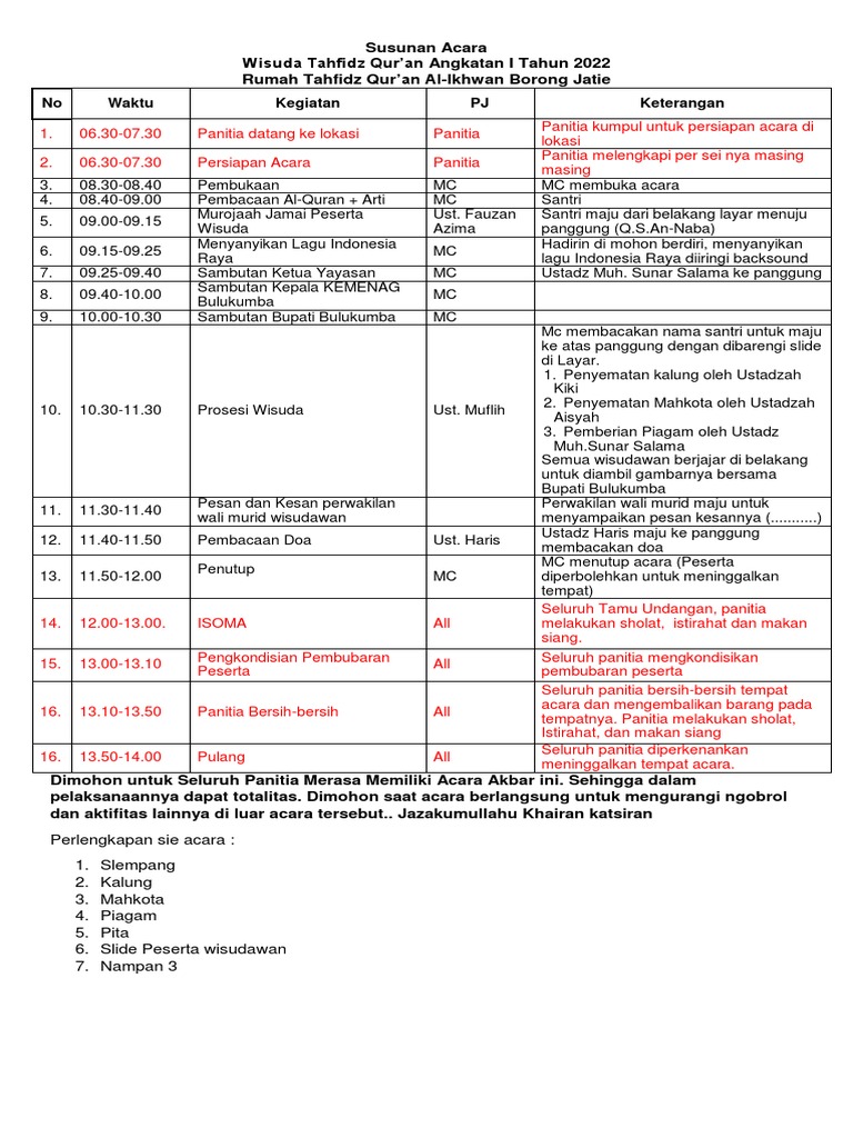 Susunan Acara Wisuda Tahfidz 2022 | PDF