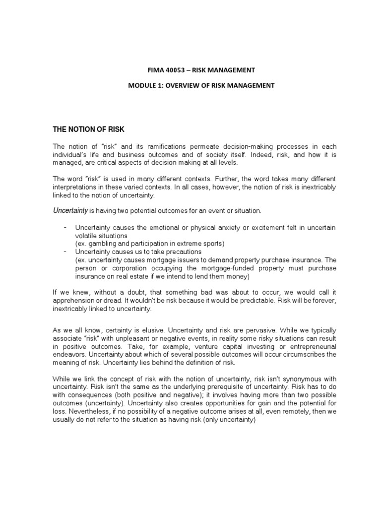 Fima 40053 - Risk Management Module 1: Overview of Risk Management ...