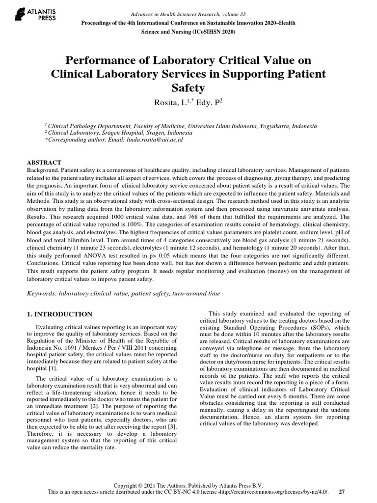 Performance of Laboratory Critical Value On Clinical Laboratory ...