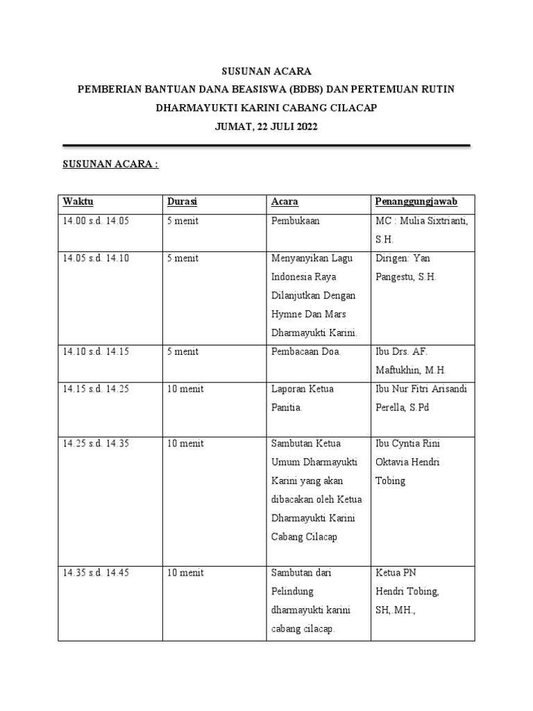 Rundown Acara Penyerahan Bdbs 2022 Dan Pertemuan Rutin Dyk | PDF