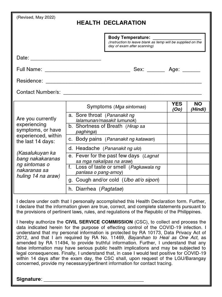 Health Declaration Form for CSC Exam | PDF | Diseases And Disorders ...