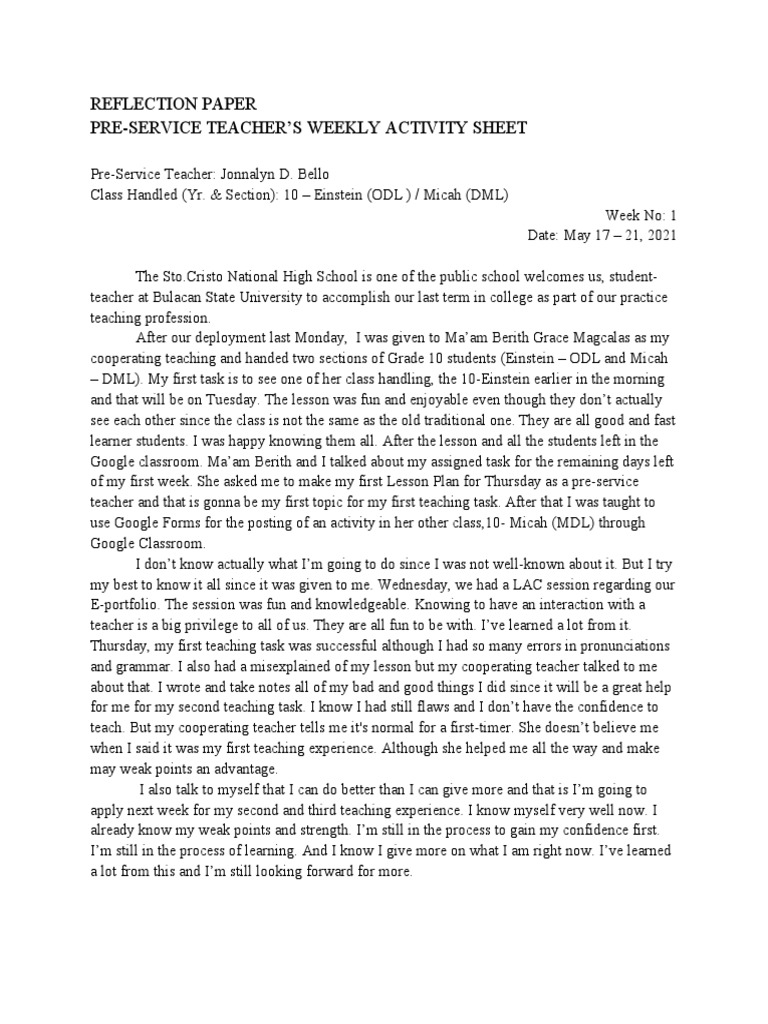 REFLECTION PAPER Pre Service Teacher Week1 | PDF | Teachers | Linguistics