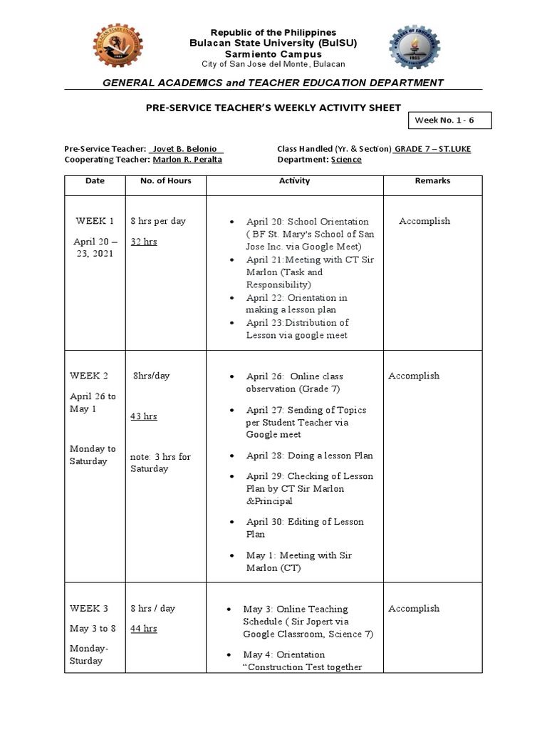 Pre-Service Teacher Weekly Activity Log | PDF | Teachers | Cognitive ...