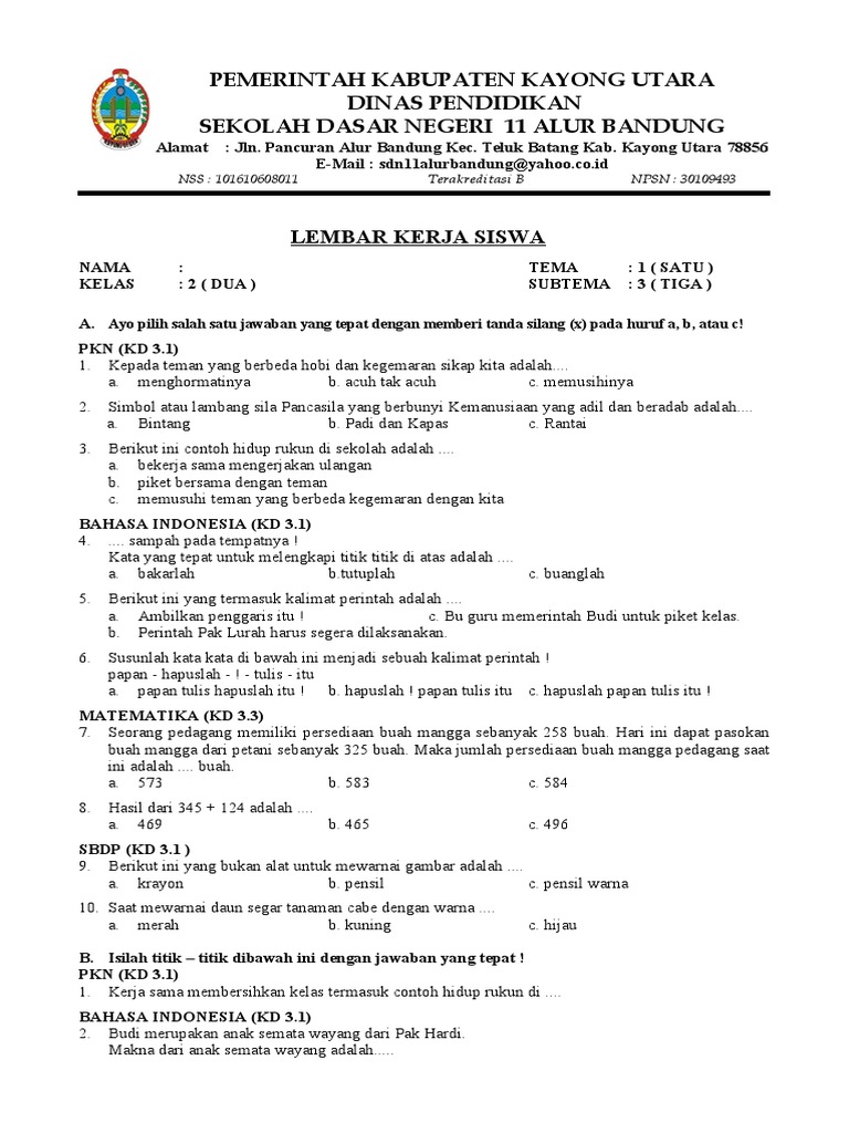 Soal Kelas 2 Tema 1 Subtema 3 (Erick) | PDF