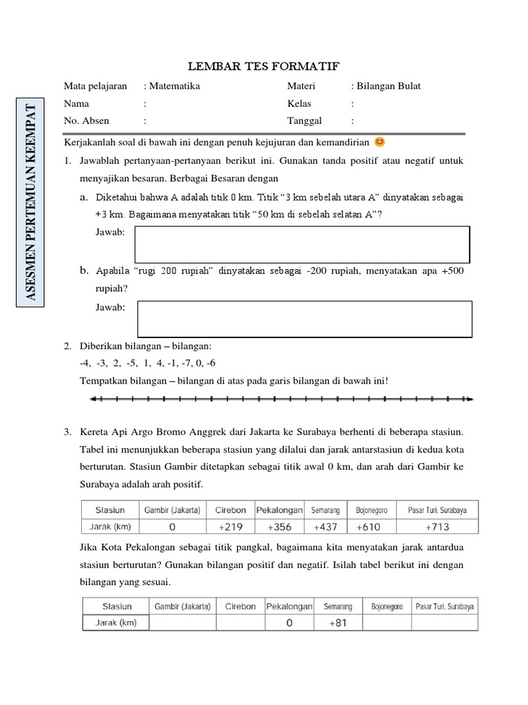 Lembar Tes Formatif Bilangan Bulat | PDF