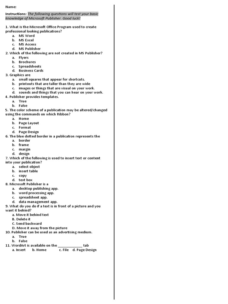 Knowledge of Microsoft Publisher. Good Luck!: Instructions: The ...