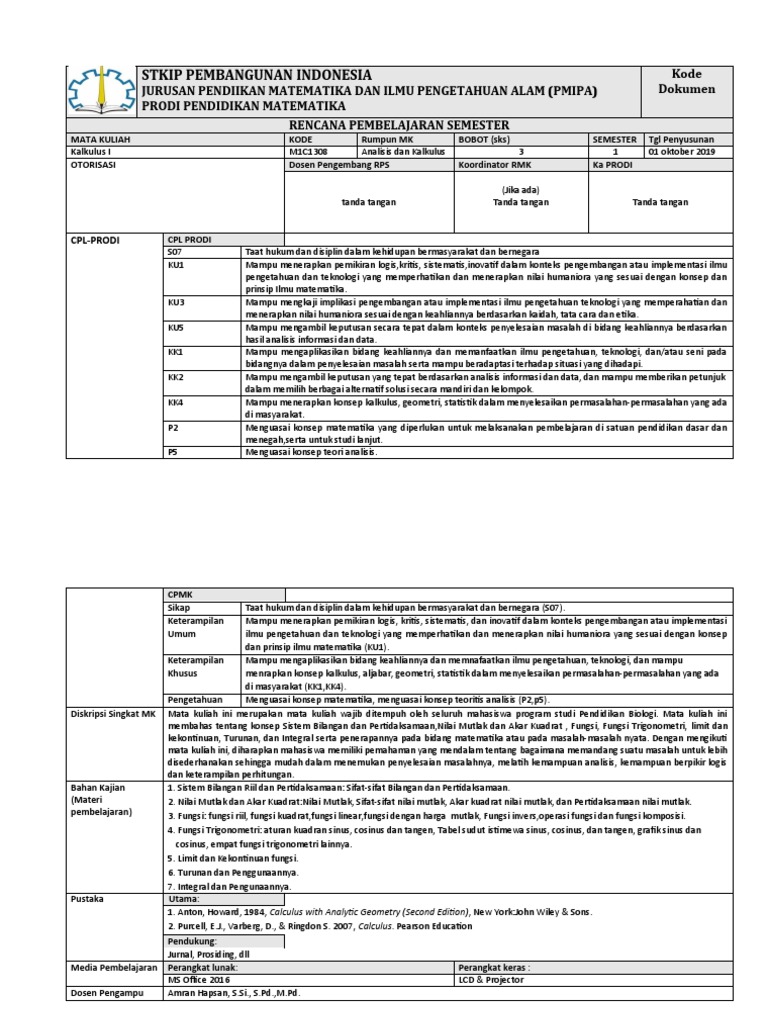 RPS Kalkulus 1 | PDF | Seni | Sains & Matematika