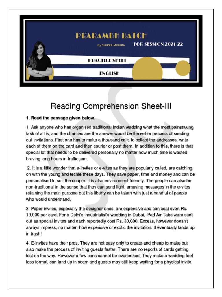 Reading Comprehension Sheet III | PDF