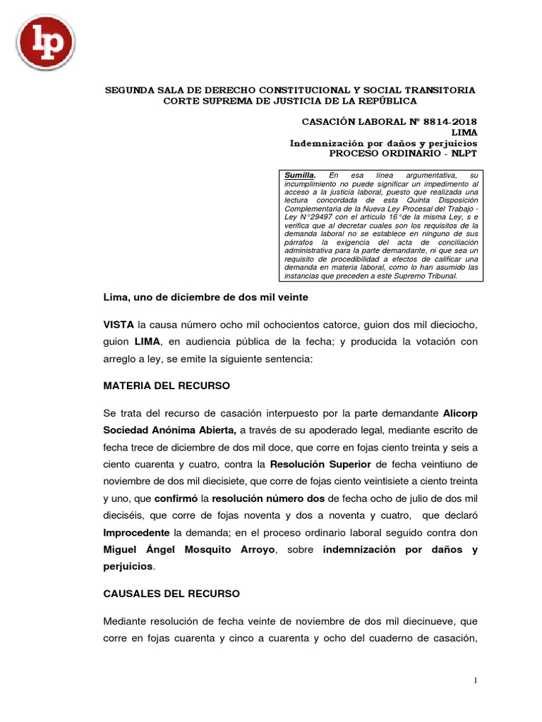 Casacion-laboral-8814-2018-Lima LA CONCILIACION NO ES NECESARIO PARA EL ... Casacion-laboral-8814-2018-Lima LA CONCILIACION NO ES NECESARIO PARA EL ...