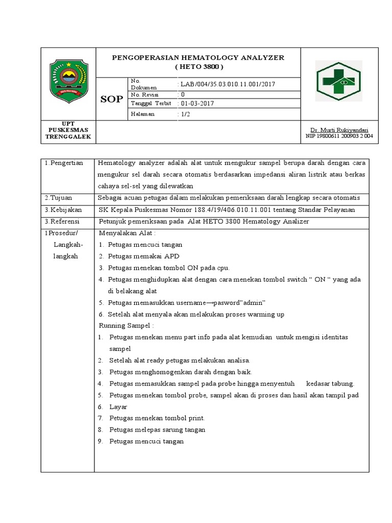 40.sop Alat Hematology Analyzer | PDF