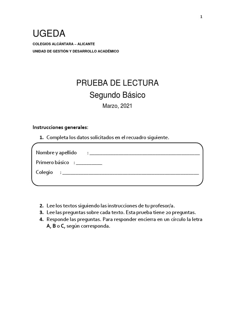 Prueba Lectura Segundo Basico | PDF