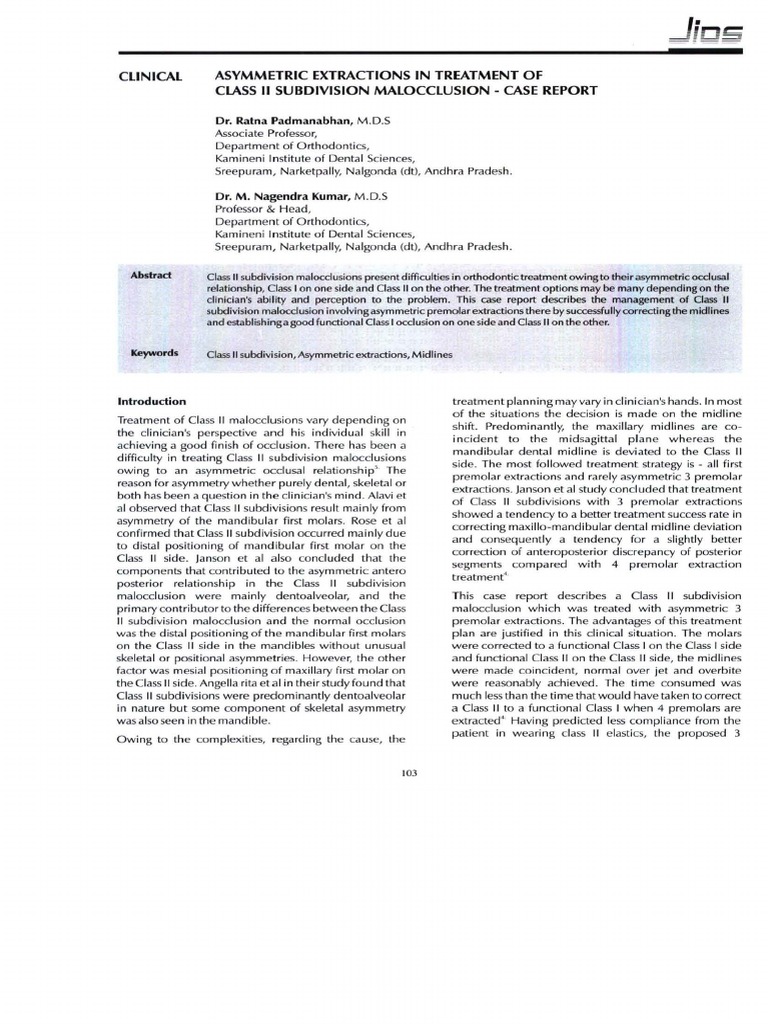 Asymmetric Extraction In Orthodontic Treatment Of Malocclusion Class I