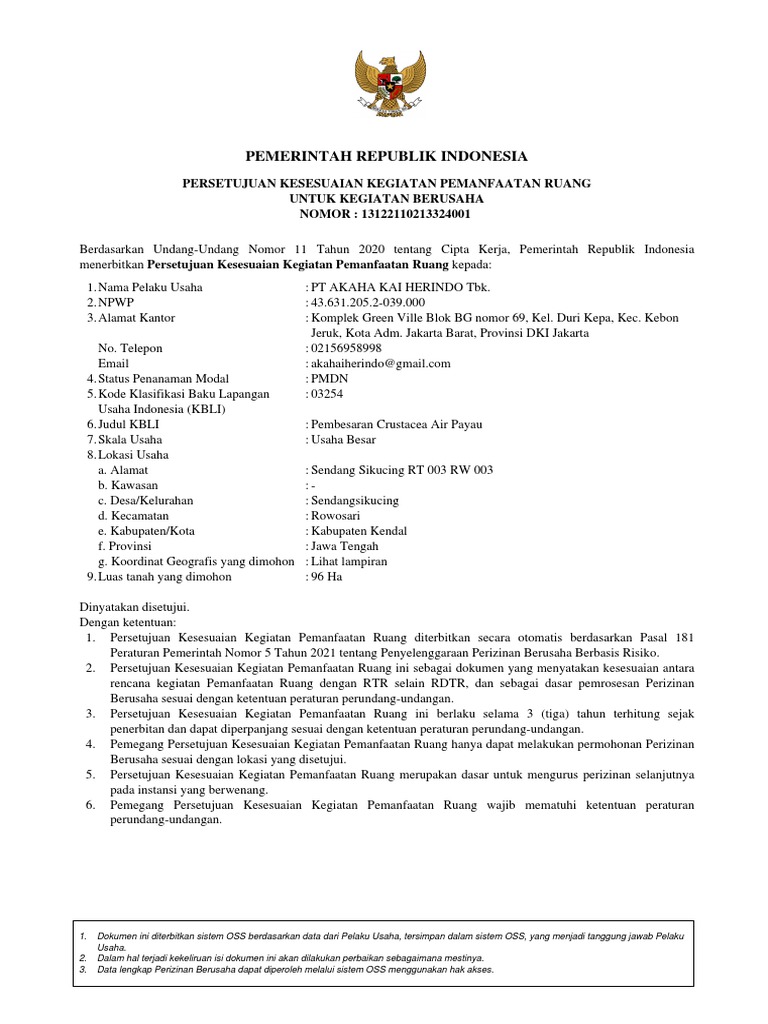 Persetujuan Kesesuaian Ruang Usaha | PDF