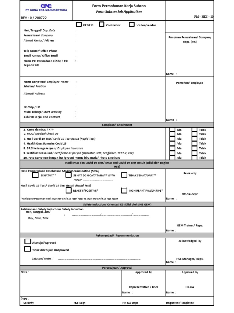 Form Pengajuan Ijin Kerja Subcon | PDF