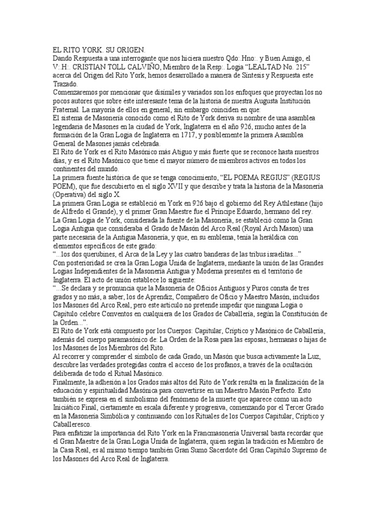El Rito de York y Su Origen | PDF | Masonería | Esoterismo occidental