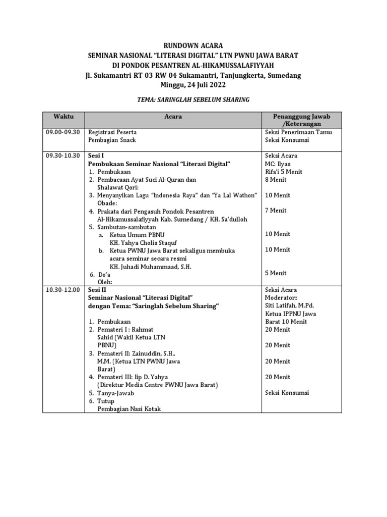 01 RUNDOWN ACARA SEMINAR LITERASI DIGITAL LTN PWNU JABAR 2022 Edit 2 | PDF
