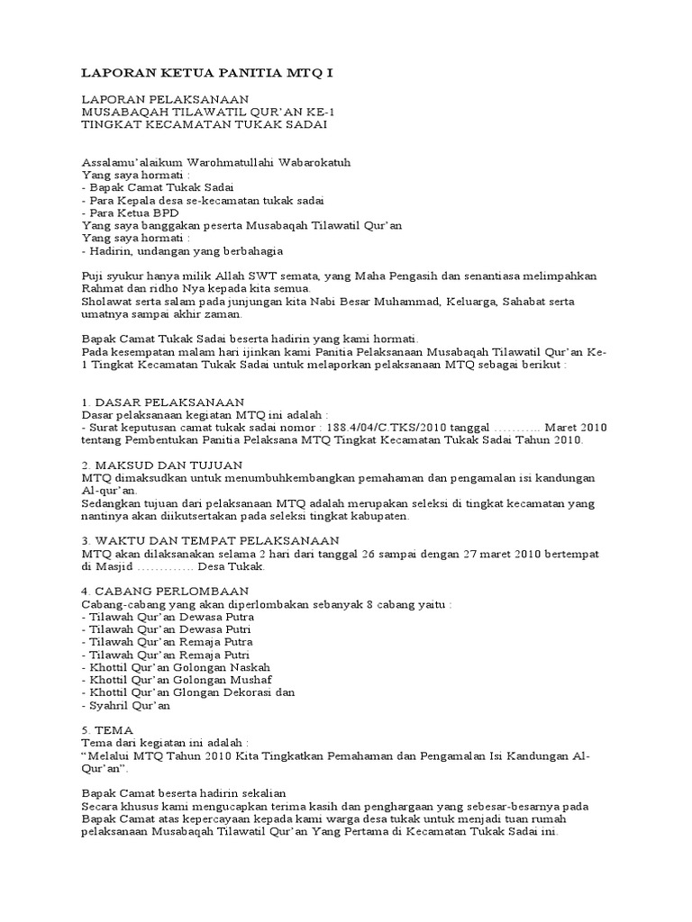 Laporan Ketua Panitia MTQ I | PDF