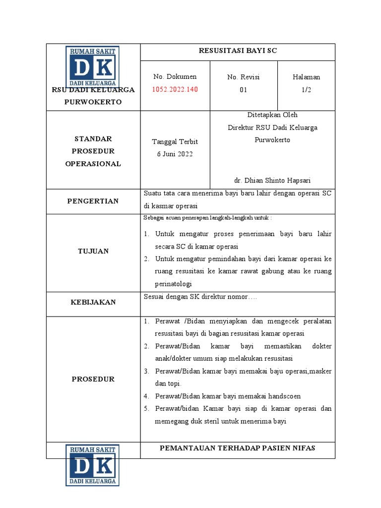 Prosedur Resusitasi Bayi SC RSU Dadi Keluarga | PDF