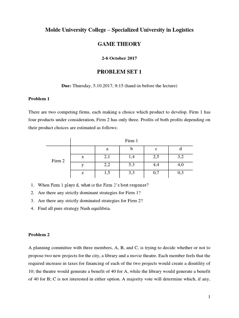1 - Game Theory Problem Set 1 2017 | PDF | Mathematical And ...