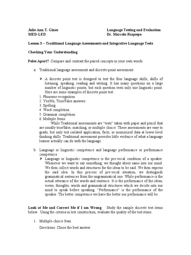 Assignment Lesson 3 Traditional Language Tests and Integrative Language ...