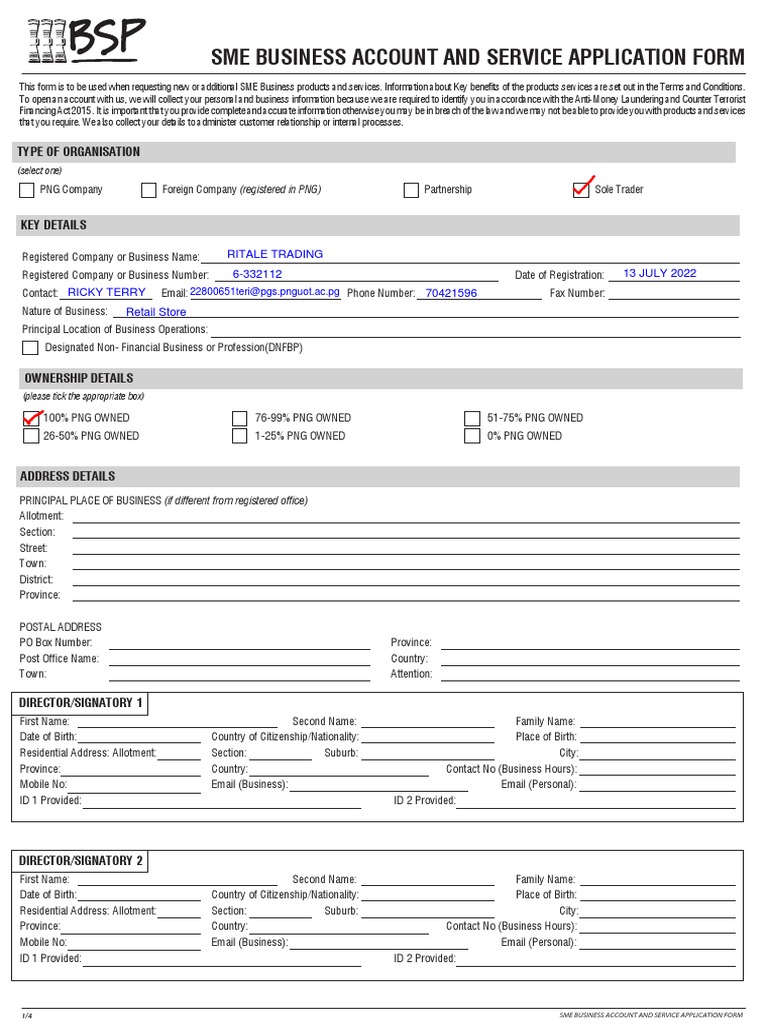 Sme Business Account and Service Application Form: Type of Organisation ...