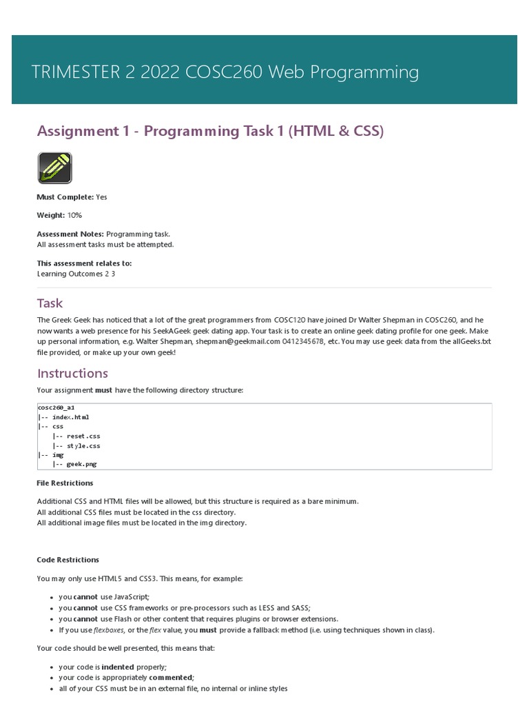 2022 Trimester 2 Cosc260 Assignment 1 Programming Task 1 Html And Css Pdf Html Element 7051