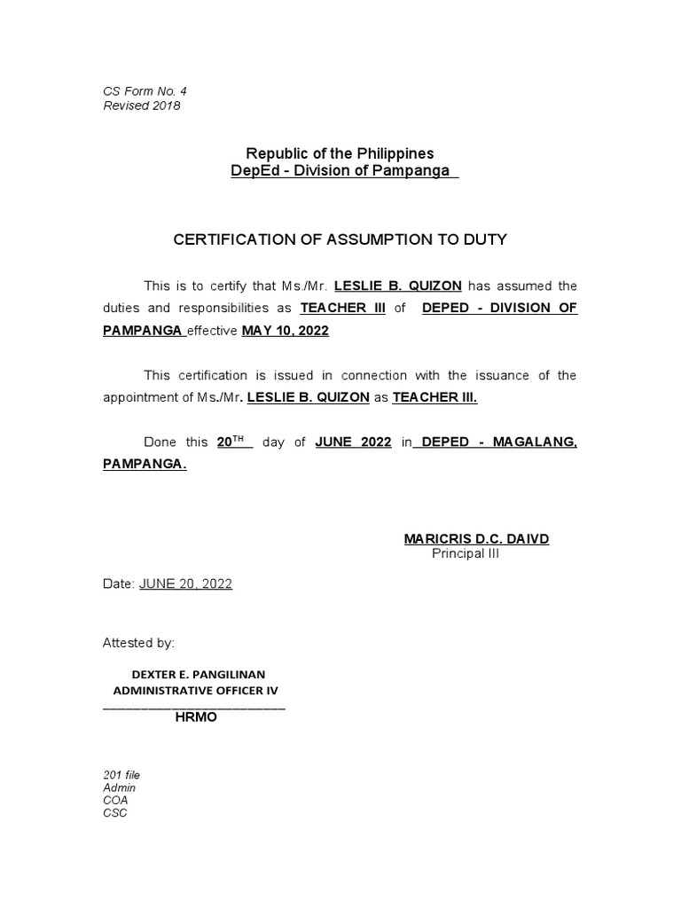 CS Form No. 4 - Certification of Assumption To Duty | PDF