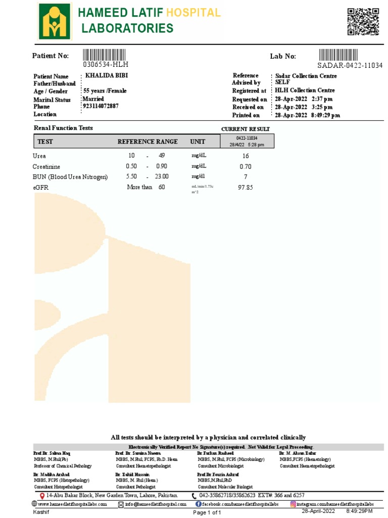 Renal Function Test Results for 55-Year-Old Female Patient Showing ...