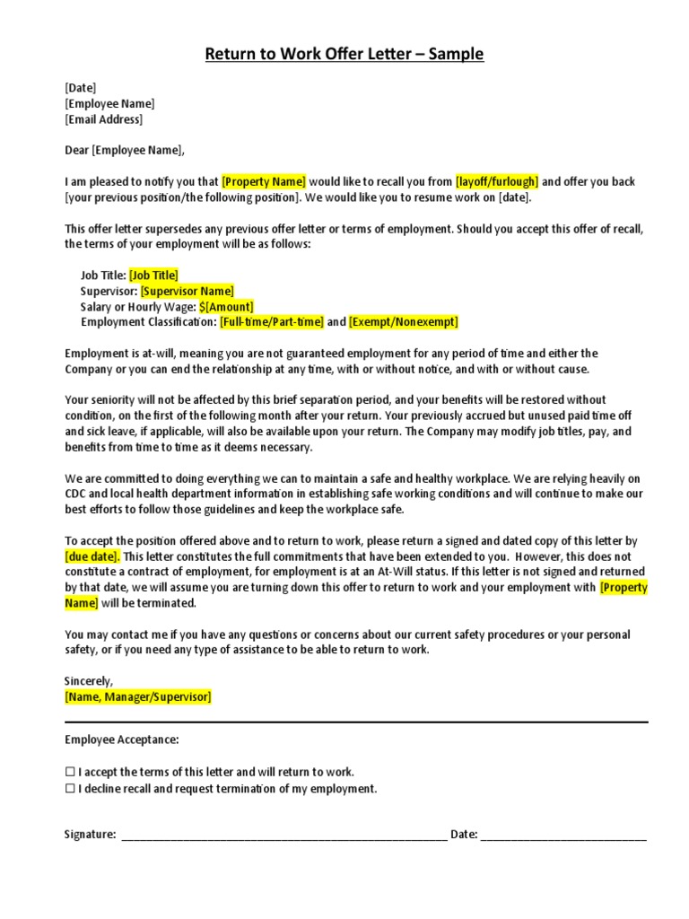 Return To Work Offer Letter - Sample | PDF | Employment | At Will ...
