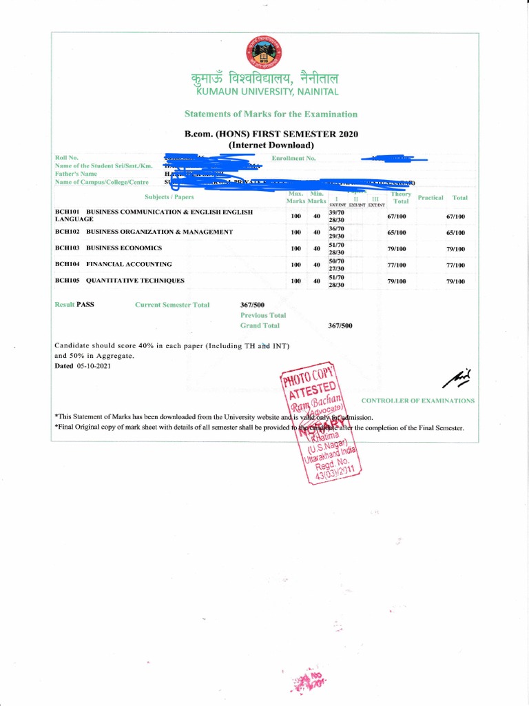 Hons. 1 Sem Marksheet | PDF