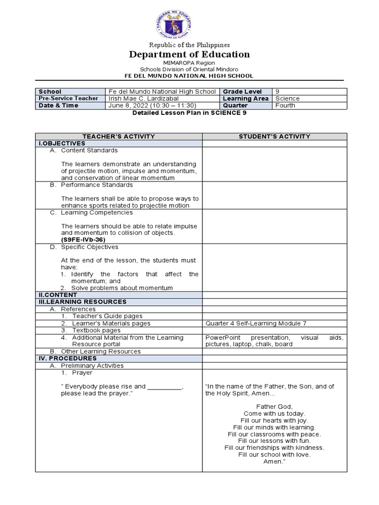 Grade 9 Detailed Lesson Plan on Momentum | PDF | Momentum | Mass