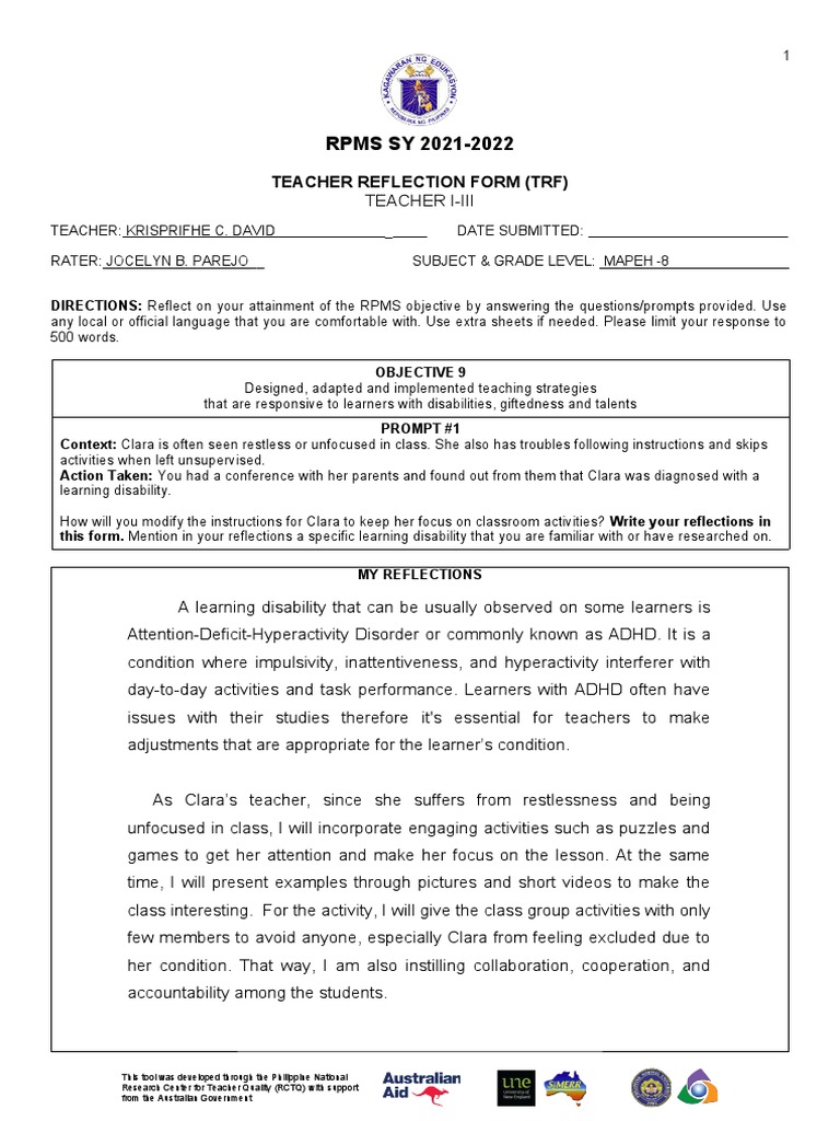 Teacher Reflection Form | PDF | Lesson Plan | Attention Deficit ...