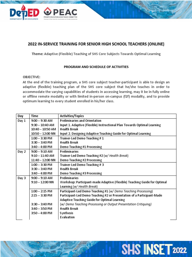 Program_2022 INSET for SHS Teachers | PDF