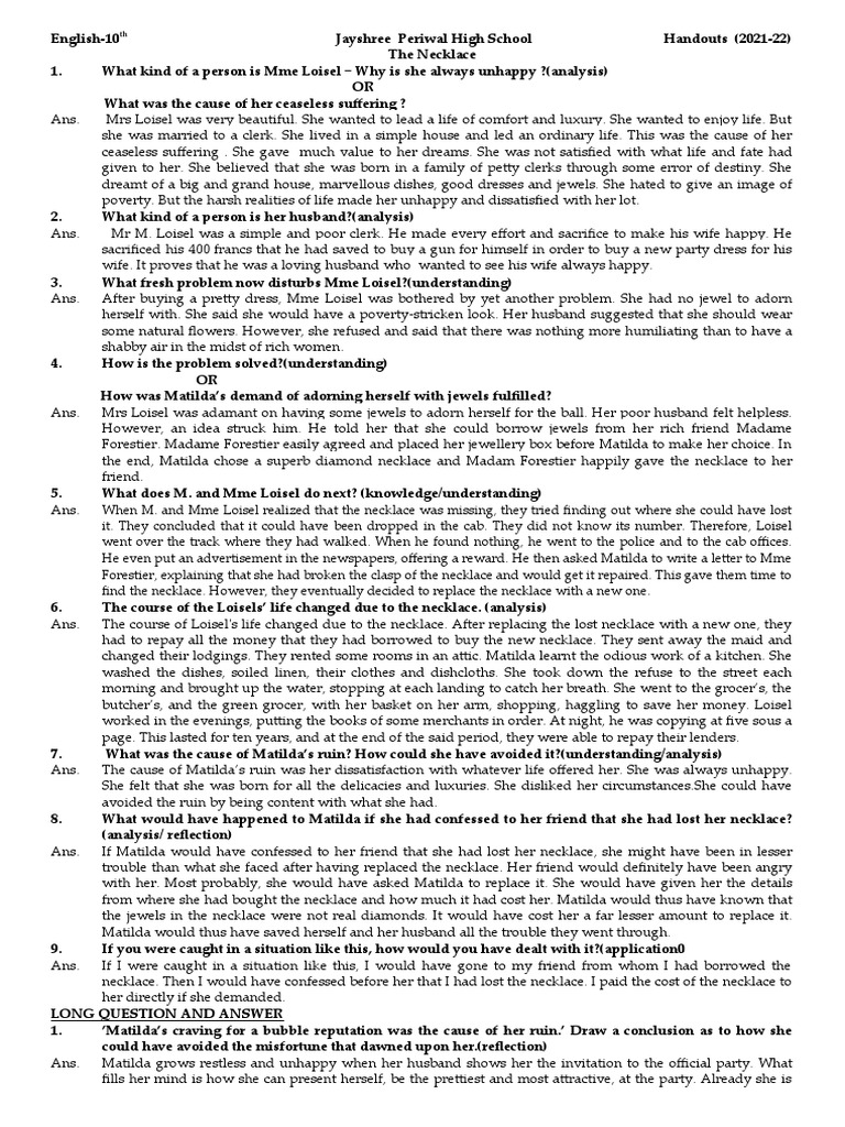 The Necklace (Handouts) 21-22 | PDF | Jewellery