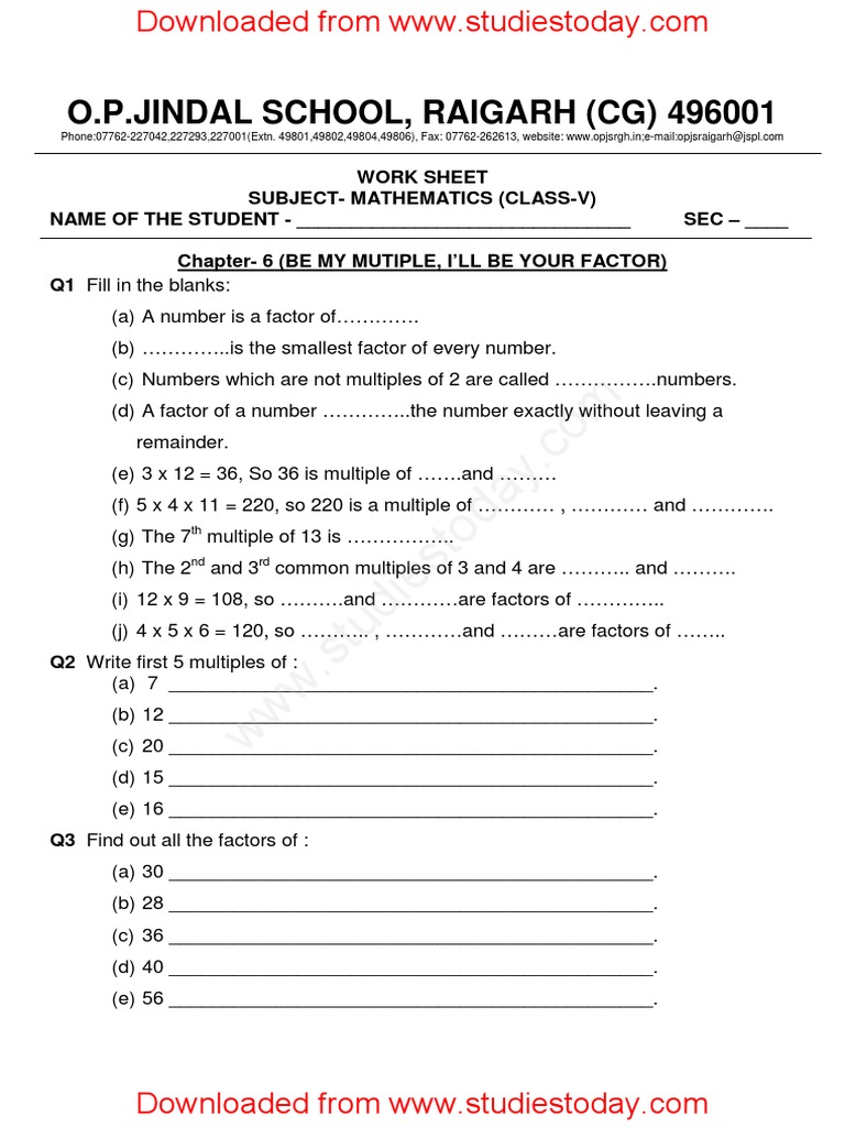 Class 4 Factors and Multiples Worksheet | PDF
