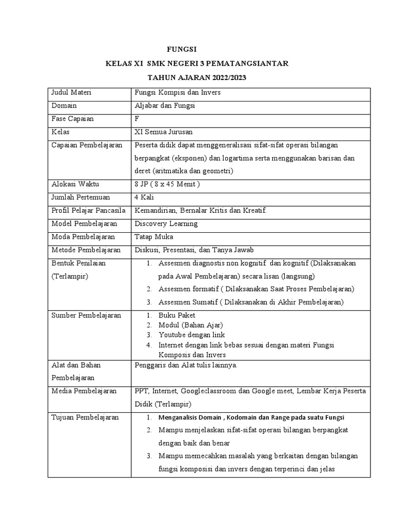 Modul Ajar Fungsi Invers Dan Komposisi | PDF Modul Ajar Fungsi Invers Dan Komposisi | PDF