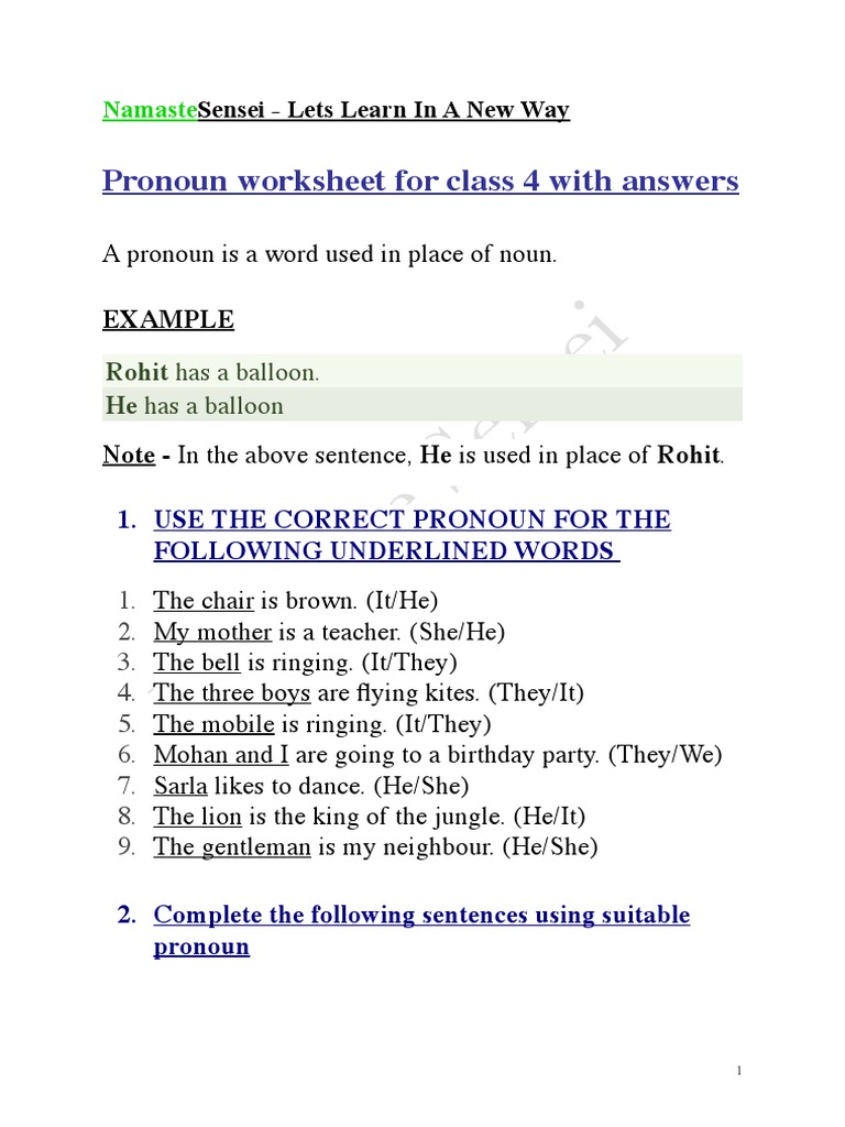 Pronouns Worksheets 4th Grade