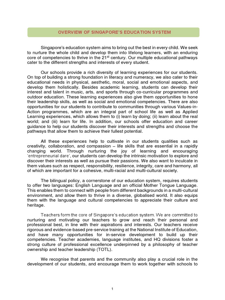 Overview of Singapore'S Education System | PDF | Educational Stages ...