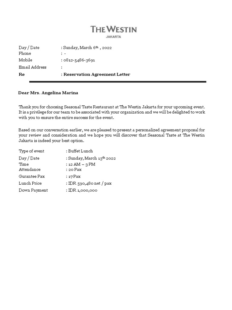 Re: Reservation Agreement Letter | PDF | Restaurants