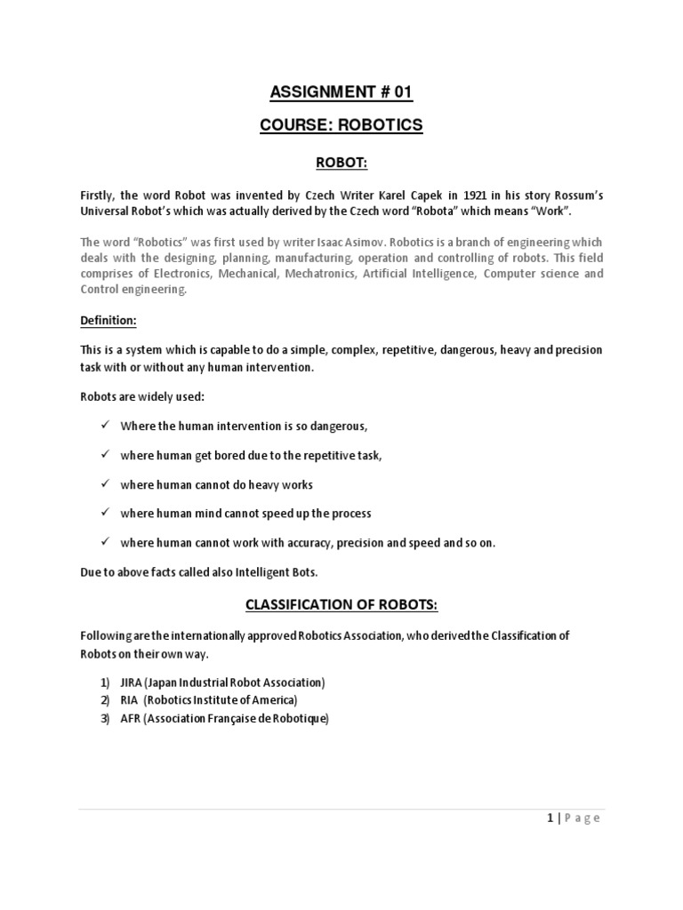 Assignment - Robotics - Robots Classification-JIRA RIA AFR | PDF ...