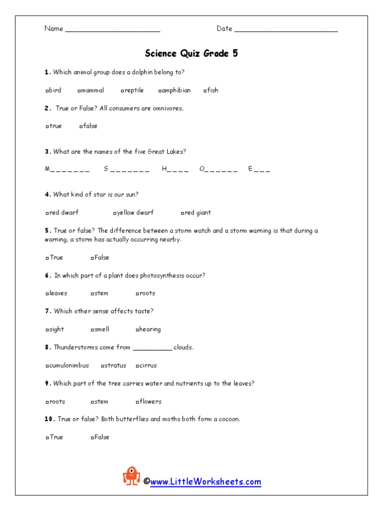 Science Quiz Grade 5 | PDF | Cloud | Great Lakes