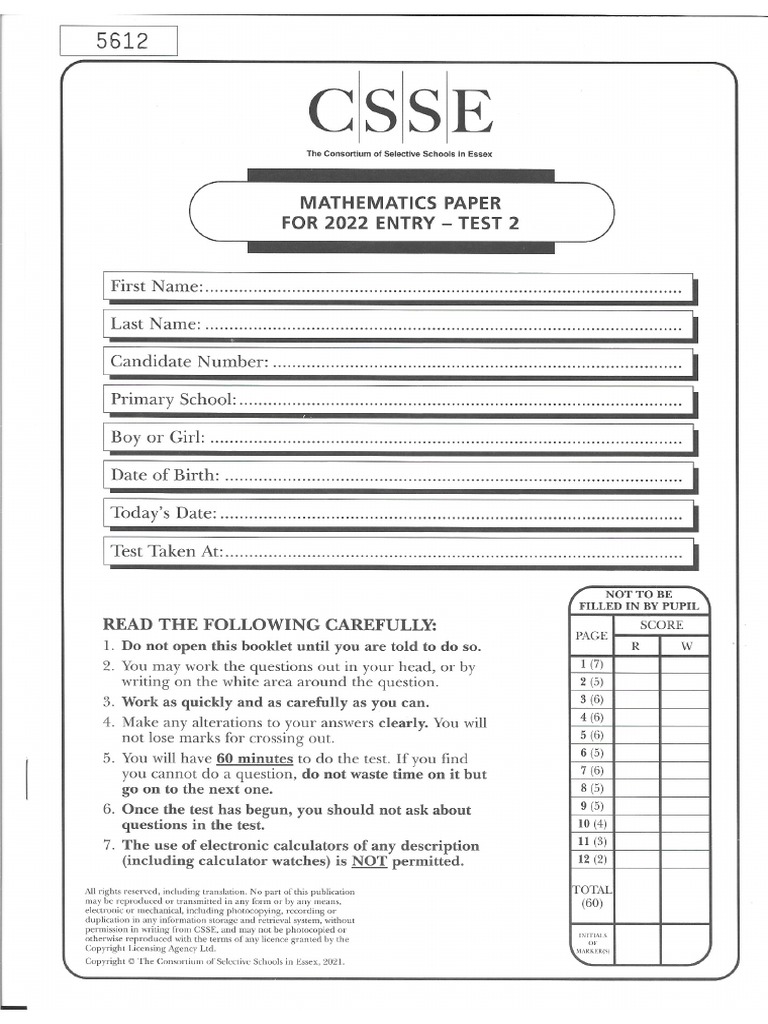 CSSE11+ Maths Paper 2022 | PDF