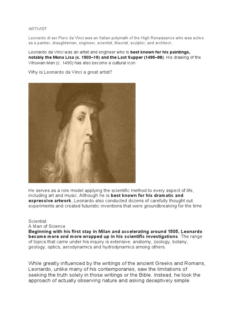 Leonardo Da Vinci Was An Artist and Engineer Who Is Best Known For His ...