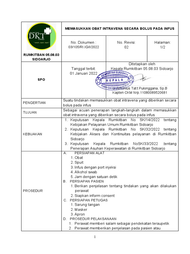 SPO MEMASUKKAN OBAT INTRAVENA SECARA BOLUS PADA INFUS (Edit) | PDF