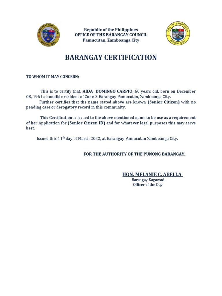 Certification of Senior Citizen | PDF