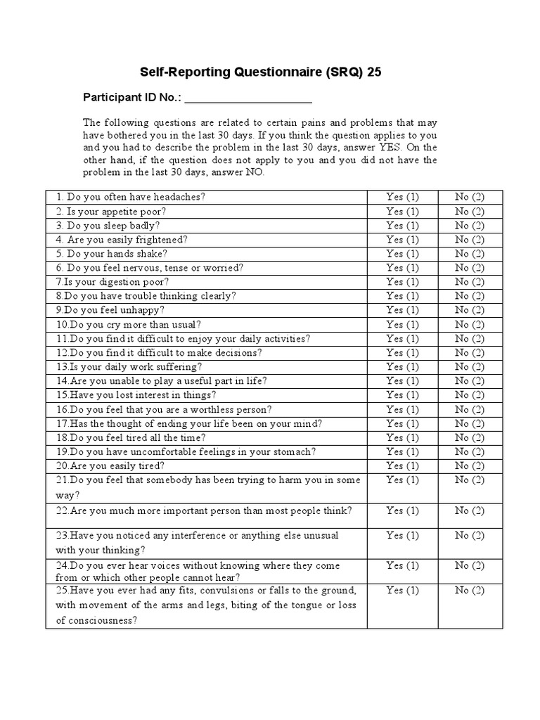 Self-Reporting Questionnaire (SRQ) 25: Participant ID No. | PDF | Psychology | Cognitive Science